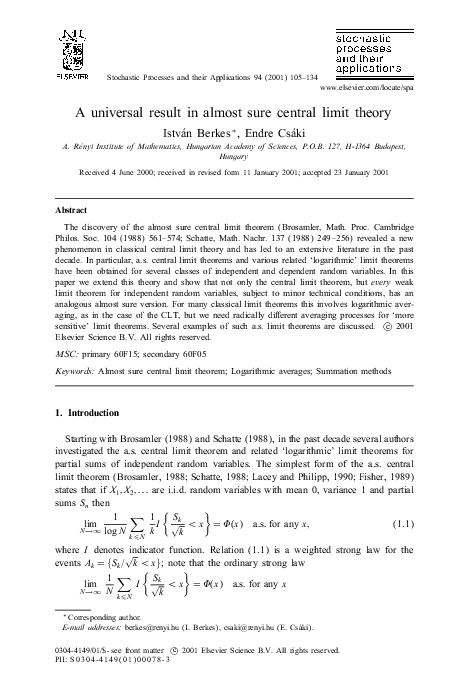 (PDF) A universal result in almost sure central limit theory | Endre Csáki - Academia.edu
