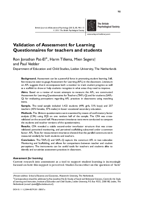 (PDF) Validation of Assessment for Learning Questionnaires for teachers ...