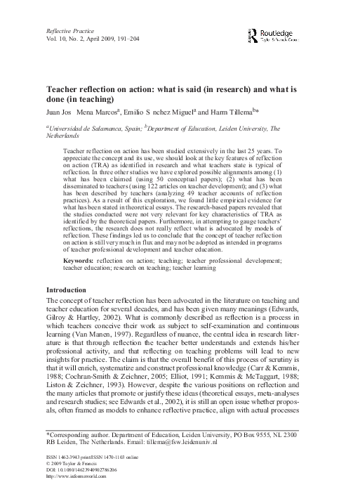 (PDF) Teacher reflection on action: what is said (in research) and what ...
