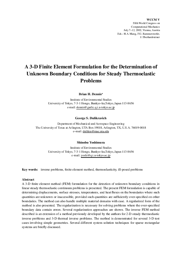 (PDF) A 3-D Finite Element Formulation for the Determination of Unknown Boundary Conditions for ...