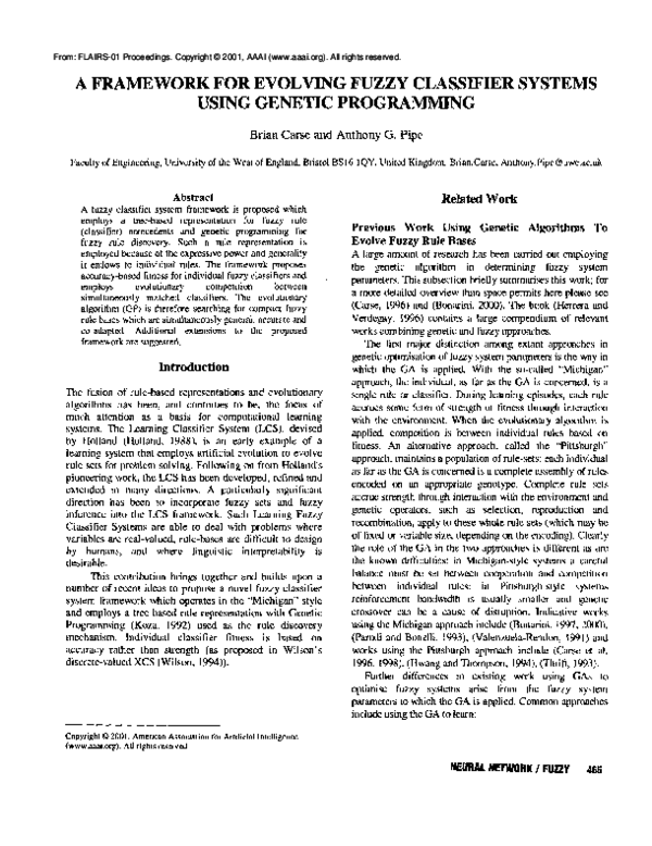 Pdf A Framework For Evolving Fuzzy Classifier Systems Using Genetic