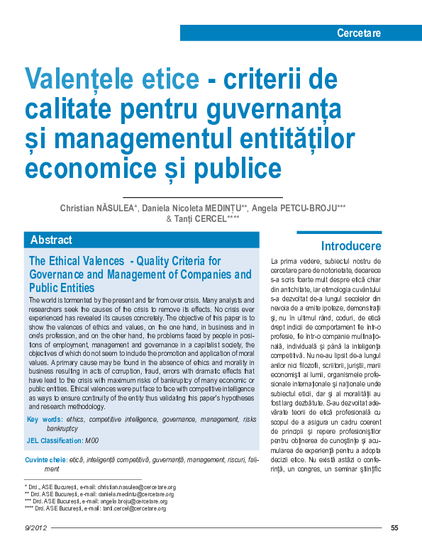 (PDF) Valentele etice - criterii de calitate pentru guvernanta si ...