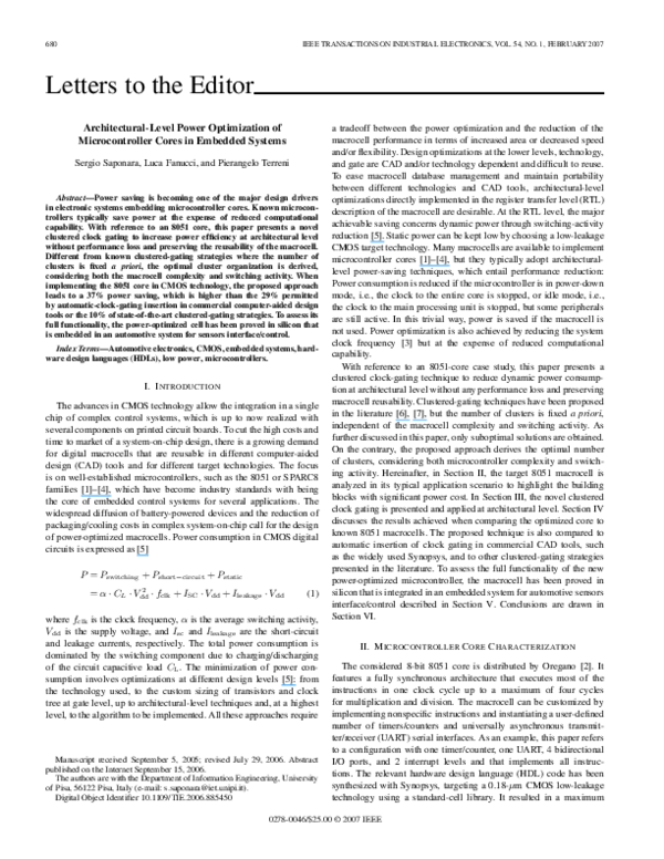 Pdf Architectural Level Power Optimization Of Microcontroller Cores In Embedded Systems