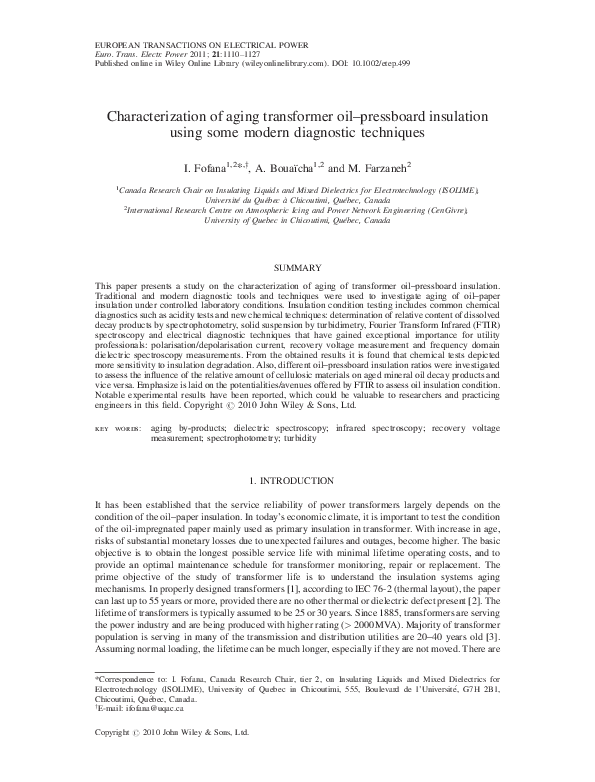 Pdf Characterization Of Aging Transformer Oil Pressboard Insulation Using Some Modern