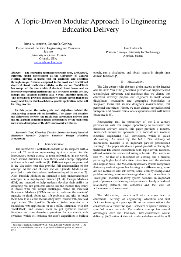 (PDF) A Topic-Driven Modular Approach To Engineering Education Delivery