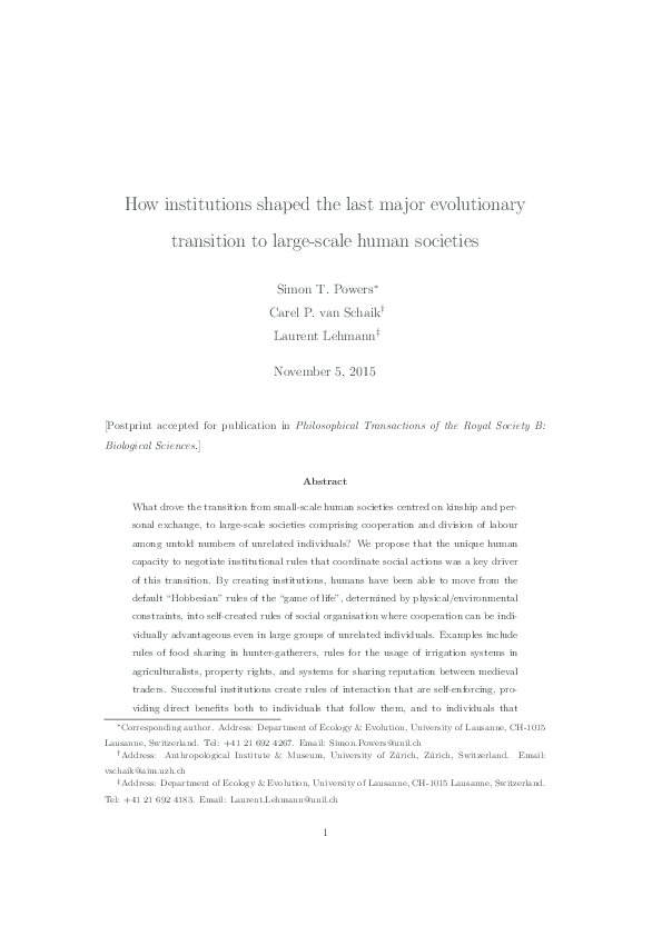 (PDF) How institutions shaped the last major evolutionary transition to ...