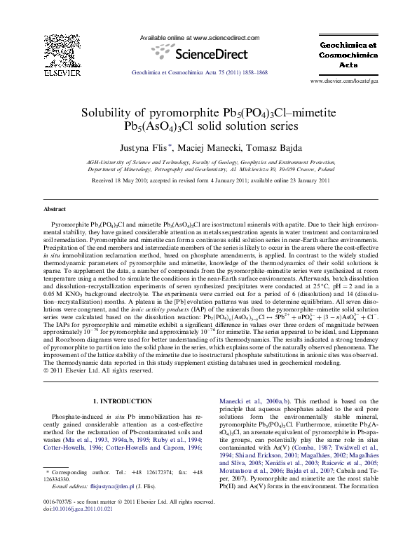 (PDF) Solubility of pyromorphite Pb5(PO4)3Cl–mimetite Pb5(AsO4)3Cl ...