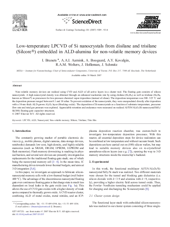 (PDF) Low-temperature LPCVD of Si nanocrystals from disilane and ...