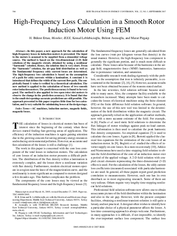 (PDF) High-Frequency Loss Calculation in a Smooth Rotor Induction Motor Using FEM