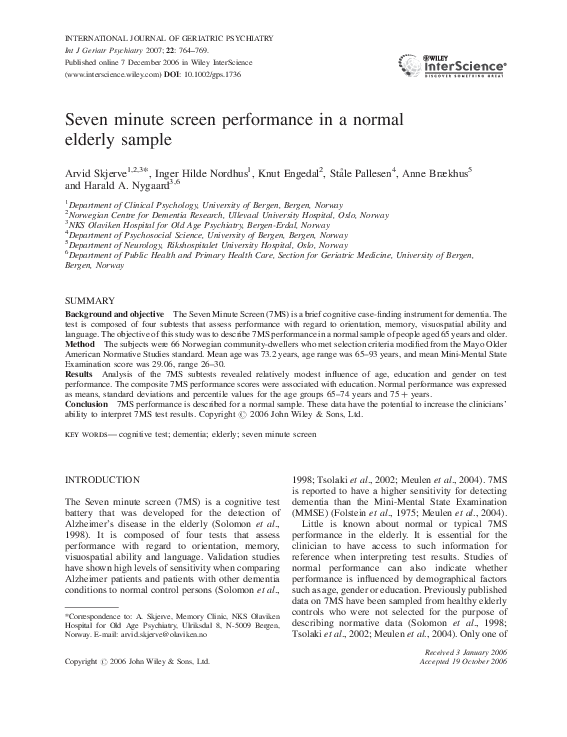 (PDF) Seven minute screen performance in a normal elderly sample