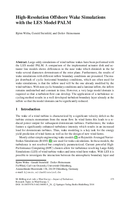 (PDF) High-Resolution Offshore Wake Simulations with the LES Model PALM ...