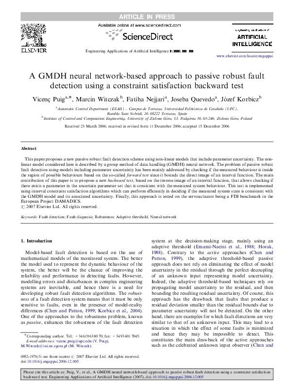 Pdf A Gmdh Neural Network Based Approach To Passive Robust Fault Detection Using A Constraint