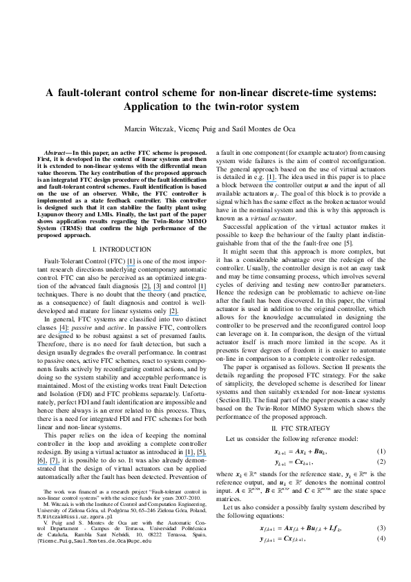 (PDF) A fault-tolerant control scheme for non-linear discrete-time systems: Application to the ...