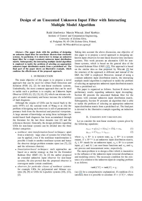 Pdf Design Of An Unscented Unknown Input Filter With Interacting Multiple Model Algorithm