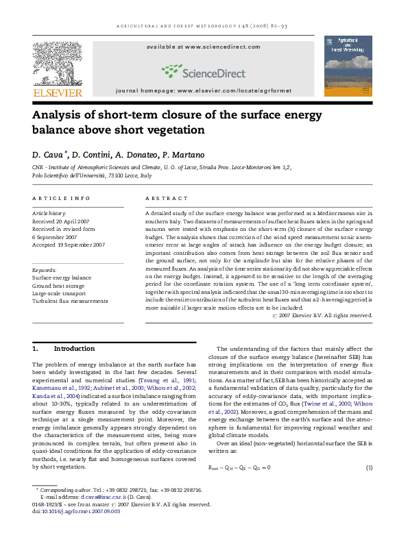 (PDF) Analysis of short-term closure of the surface energy balance ...