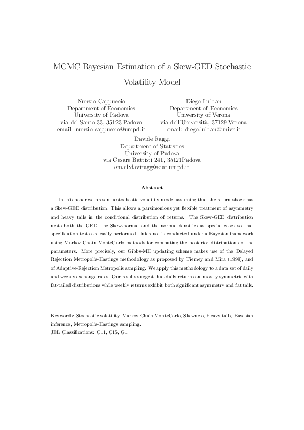 (PDF) MCMC Bayesian Estimation of a Skew-GED Stochastic Volatility Model