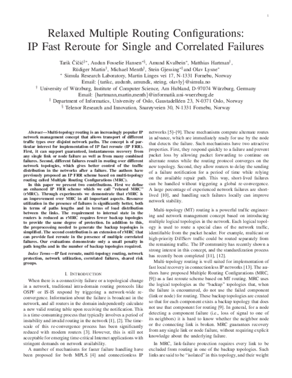 (PDF) Relaxed multiple routing configurations: IP fast reroute for single and correlated failures
