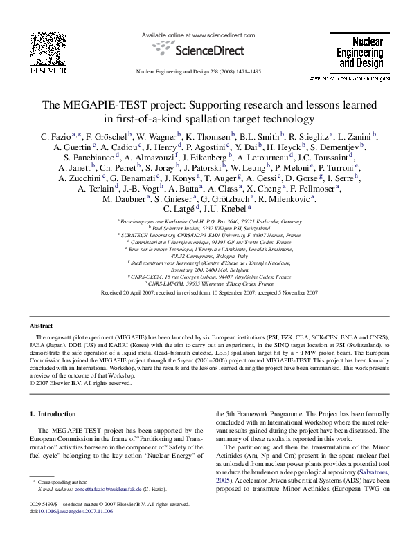 (PDF) The MEGAPIE-TEST project: Supporting research and lessons learned ...