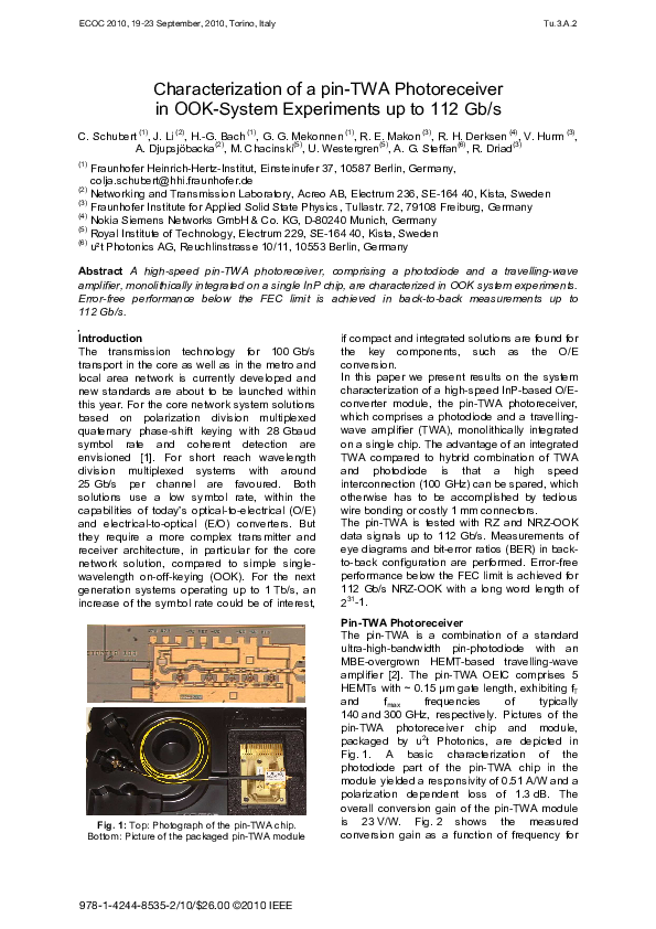 (PDF) Characterization of a pin-TWA photoreceiver in OOK-system experiments up to 112 Gb/s