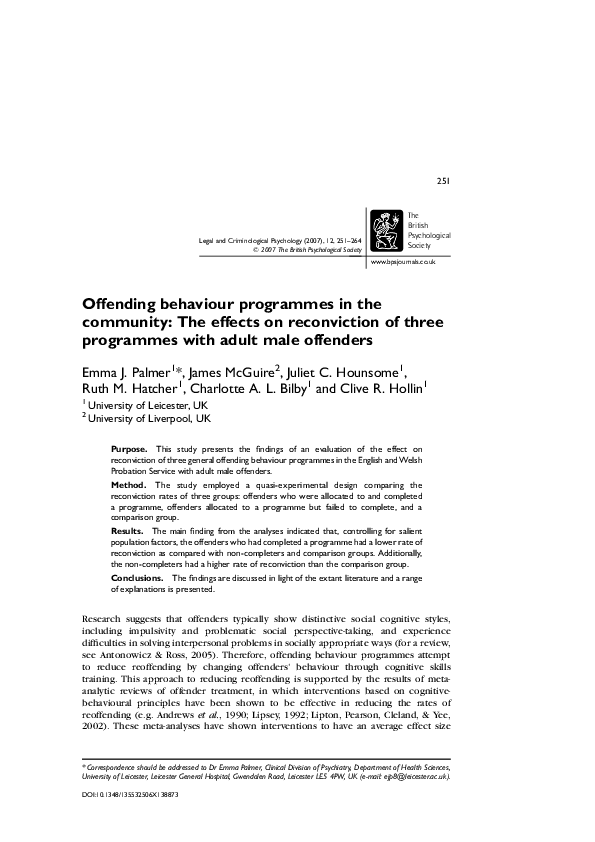 (PDF) Offending behaviour programmes in the community: The effects on ...