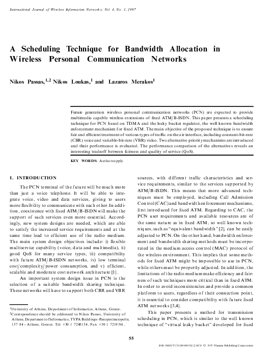 (PDF) A Scheduling Technique Wireless Personal for Bandwidth Communication Allocation in Networks
