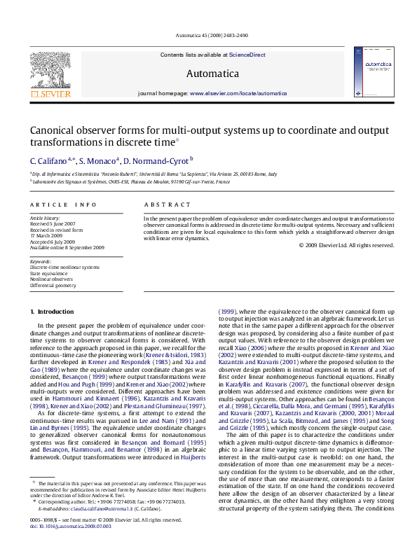 Pdf Canonical Observer Forms For Multi Output Systems Up To