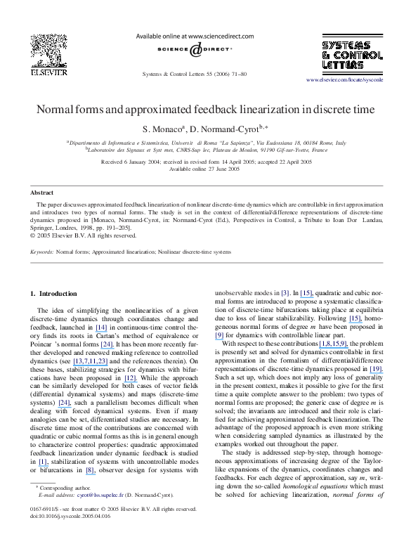 (PDF) Normal forms and approximated feedback linearization in discrete time