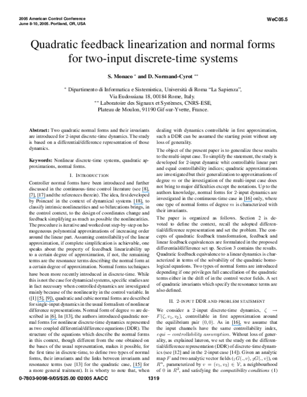 (PDF) Quadratic feedback linearization and normal forms for two-input discrete-time systems