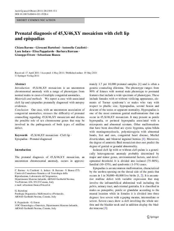 (PDF) Prenatal diagnosis of 45,X/46,XY mosaicism with cleft lip and ...
