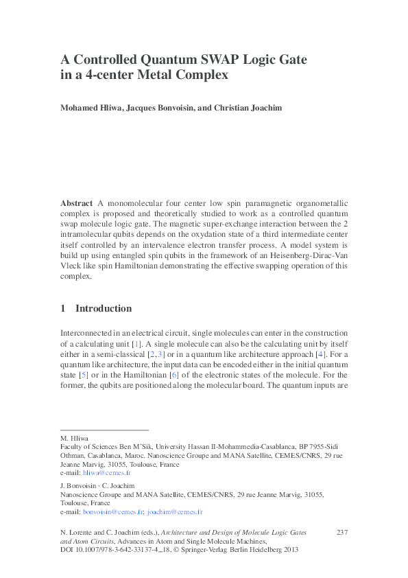 (PDF) A Controlled Quantum SWAP Logic Gate in a 4-center Metal Complex