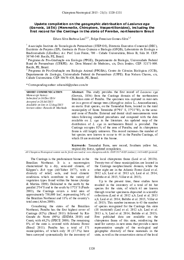 (PDF) Updated compilation on the geographic distribution of Lasiurus ...