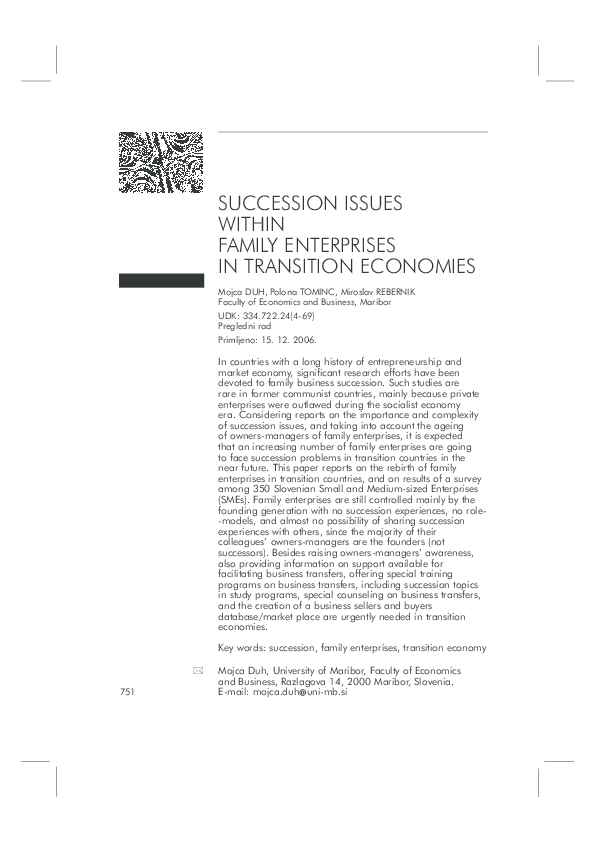 (PDF) Succession issues within family enterprises in transition economies