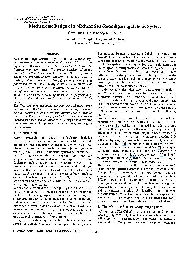 Pdf Mechatronic Design Of A Modular Self Reconfiguring Robotic System