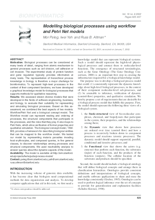 (PDF) Modelling biological processes using workflow and Petri Net models