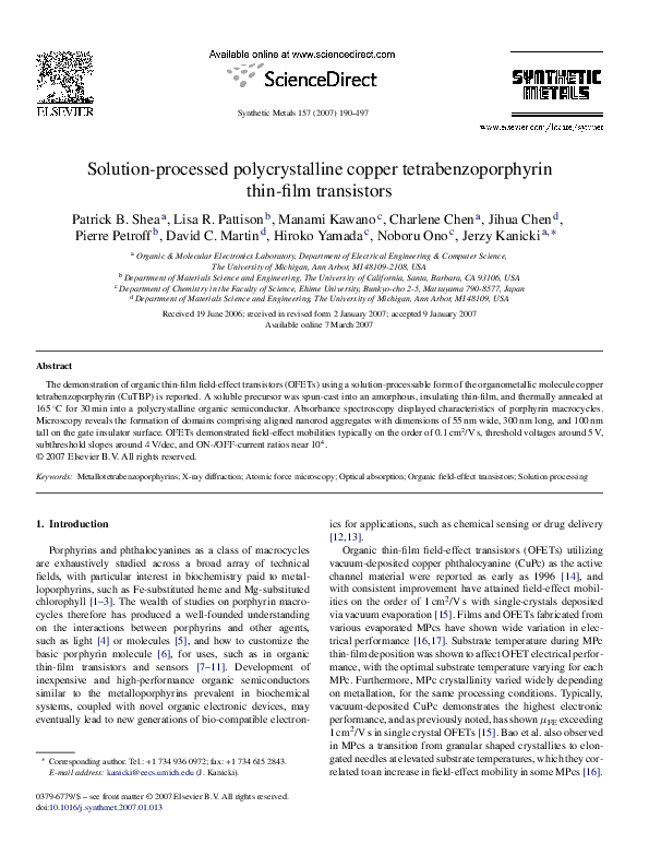 (PDF) Solution-processed polycrystalline copper tetrabenzoporphyrin ...