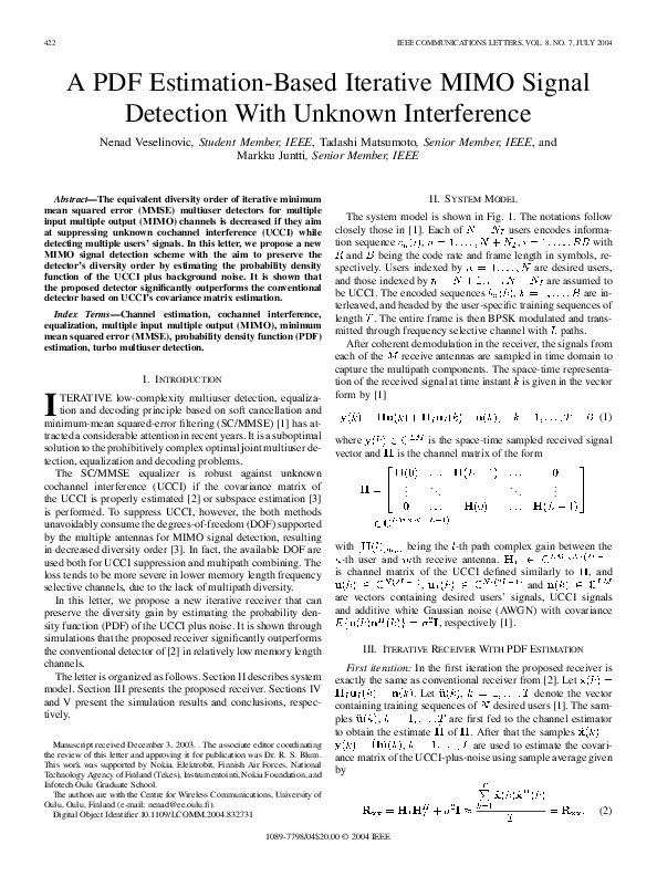 (PDF) A PDF Estimation-Based Iterative MIMO Signal Detection With Unknown Interference