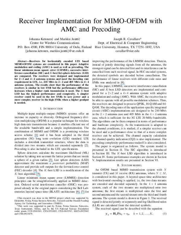 (PDF) Receiver implementation for MIMO-OFDM with AMC and precoding
