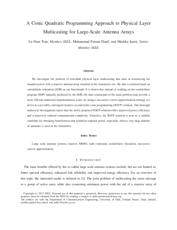 (PDF) A Conic Quadratic Programming Approach to Physical Layer Multicasting for Large-Scale ...