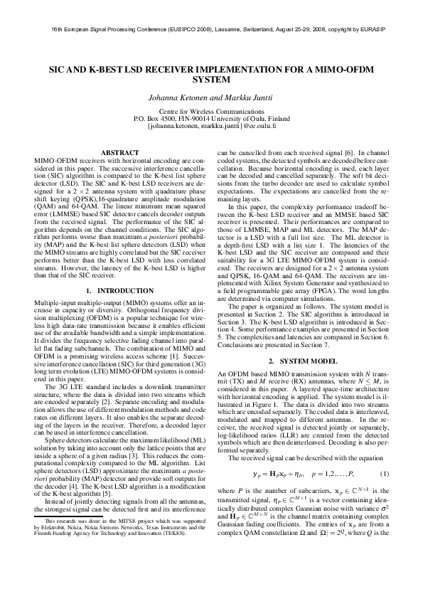 (PDF) SIC and K-best LSD receiver implementation for a MIMO-OFDM system