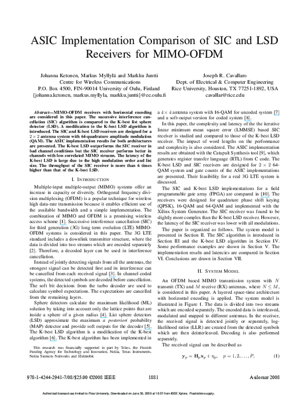 (PDF) ASIC implementation comparison of SIC and LSD receivers for MIMO-OFDM