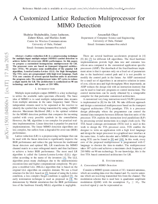 Pdf A Customized Lattice Reduction Multiprocessor For Mimo Detection Markku Juntti