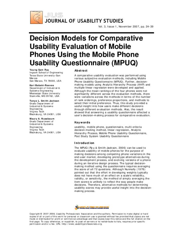 (PDF) Decision models for comparative usability evaluation of mobile phones using the Mobile ...
