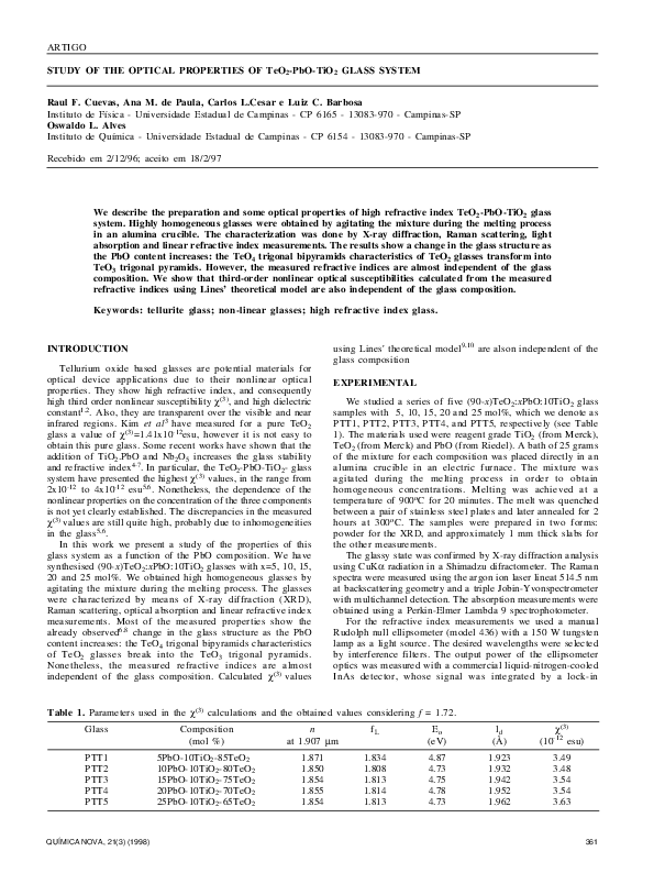 (PDF) Study of the optical properties of TeO2-PbO-TiO2 glass system
