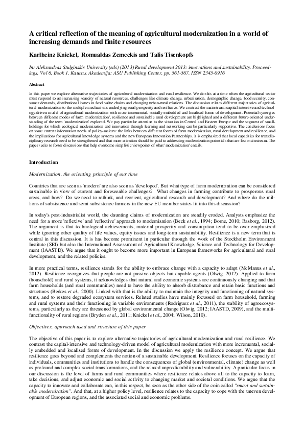 (PDF) A critical reflection of the meaning of agricultural modernization in a world of ...