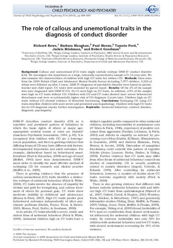 (PDF) The role of callous and unemotional traits in the diagnosis of ...