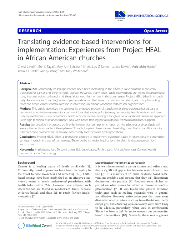 (PDF) Translating evidence-based interventions for implementation: Experiences from Project HEAL ...