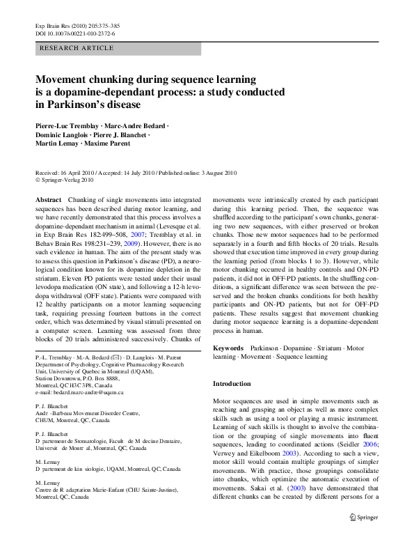 (PDF) Movement chunking during sequence learning is a dopamine-dependant process: a study ...