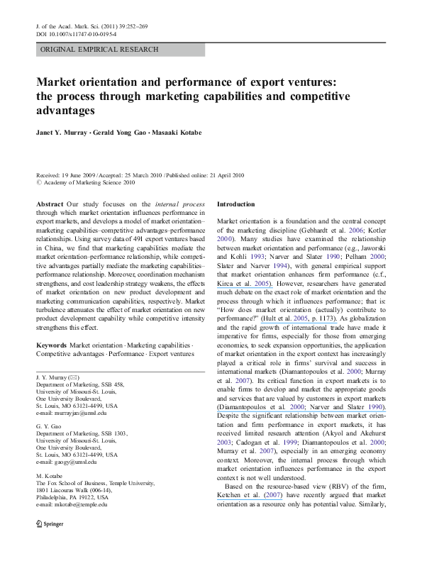 (PDF) Market orientation and performance of export ventures: the ...