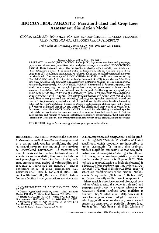 (PDF) Biocontrol-Parasite: Parasitoid-Host and Crop Loss Assessment Simulation Model
