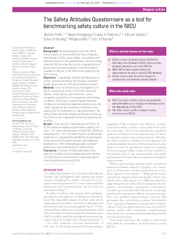 (PDF) The Safety Attitudes Questionnaire as a tool for benchmarking ...